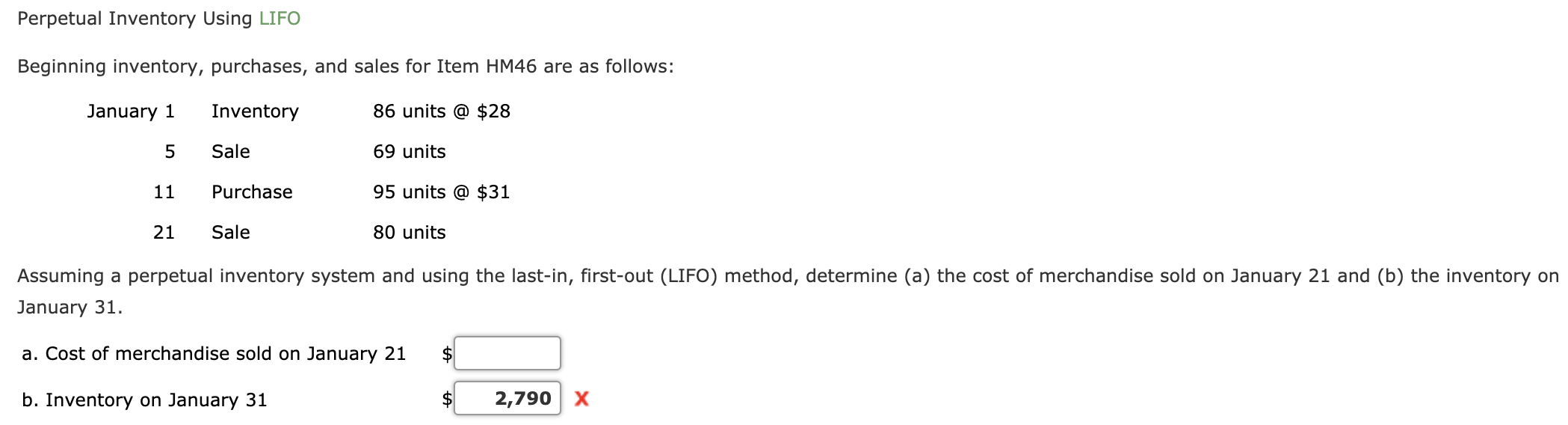 Solved Perpetual Inventory Using LIFO Beginning inventory, | Chegg.com