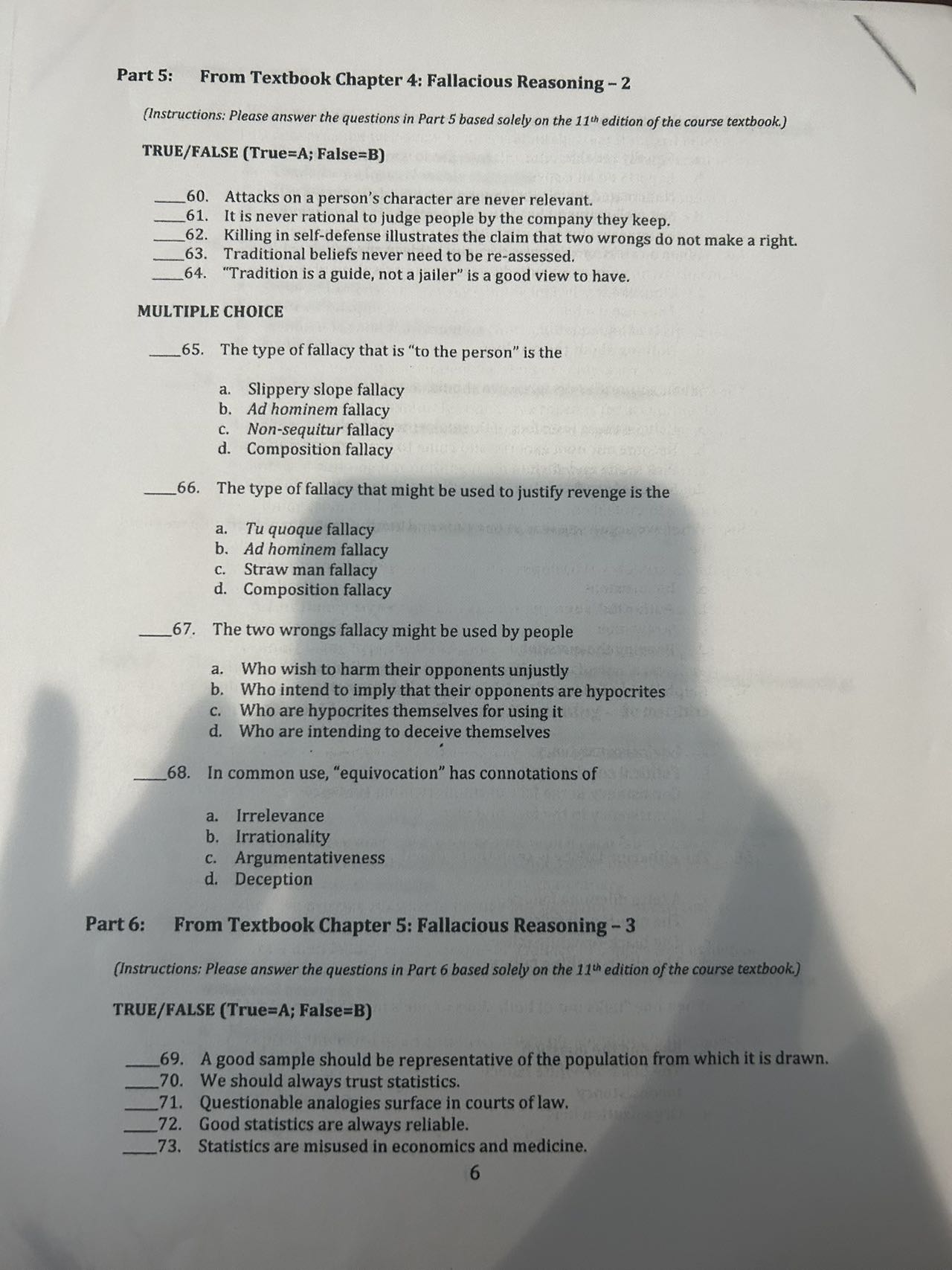 Solved Part 5: From Textbook Chapter 4: Fallacious Reasoning | Chegg.com