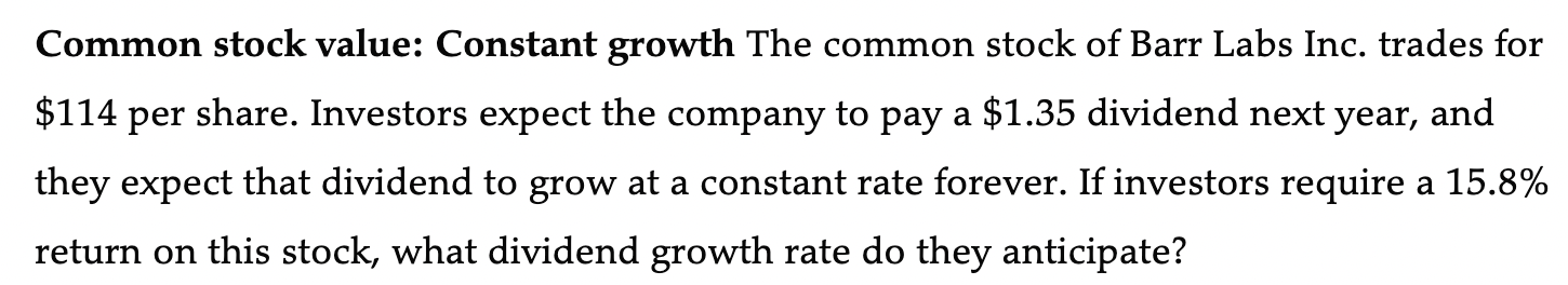 Solved Common stock value: Constant growth The common stock | Chegg.com
