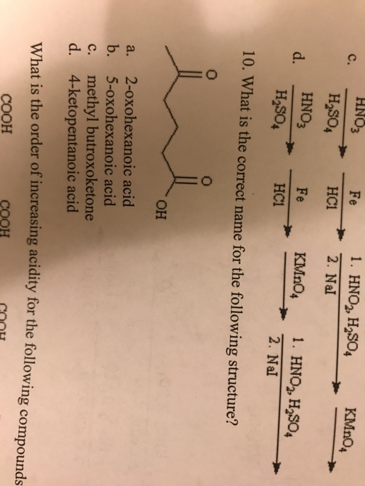 Solved c.HNO3 H2SO4 HNO3 H2SO4 Fe 1. HNO2, HSO4 KMn04 Fe | Chegg.com