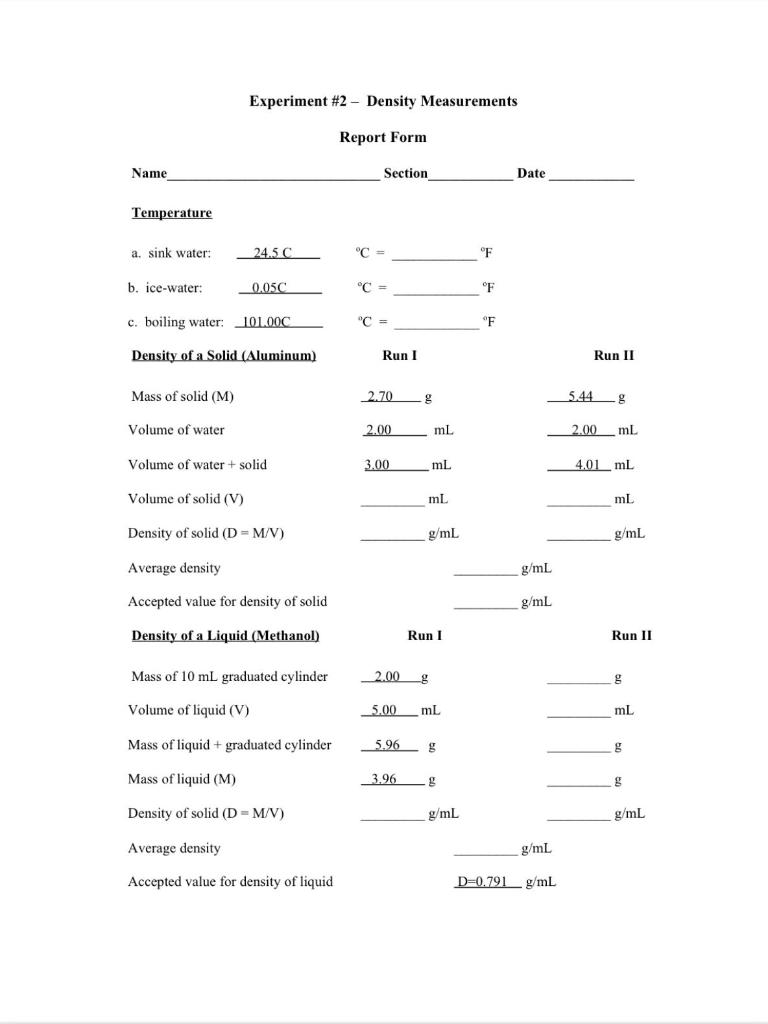 Solved Experiment #2 - Density Measurements Report Form Name | Chegg.com