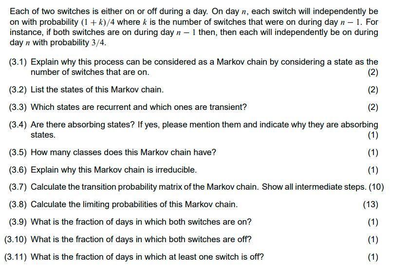 Solved Each of two switches is either on or off during a | Chegg.com