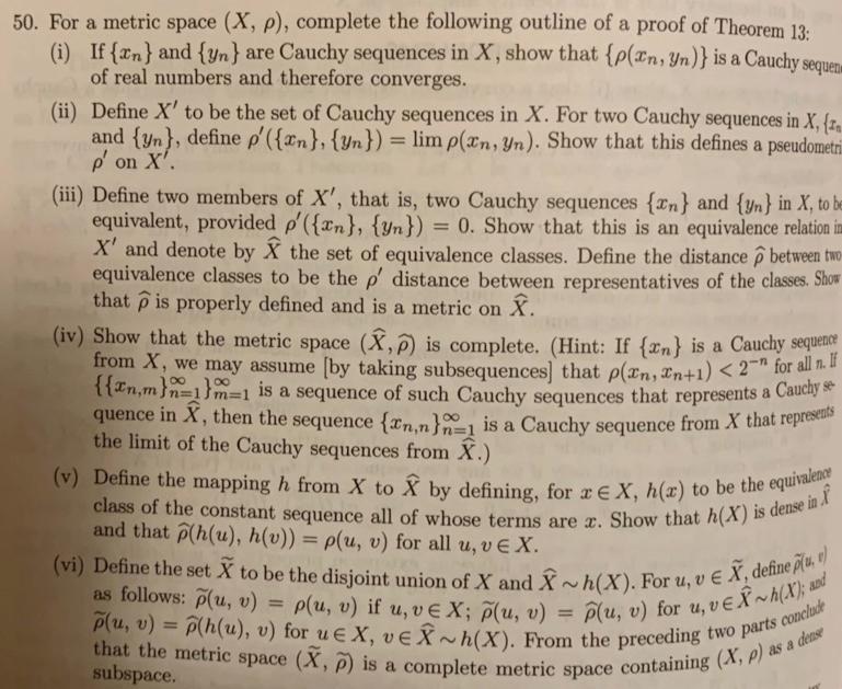 Solved a 50. For a metric space (X, P), complete the | Chegg.com