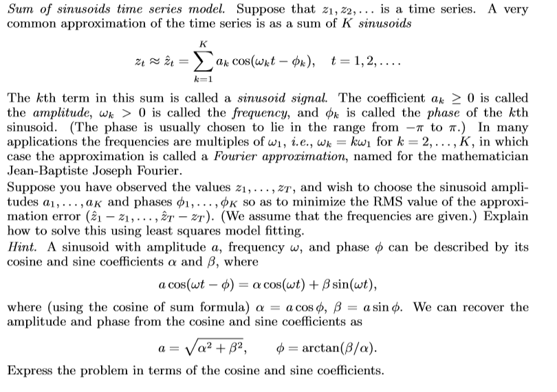 Sum of sinusoids time series model. Suppose that z1, | Chegg.com