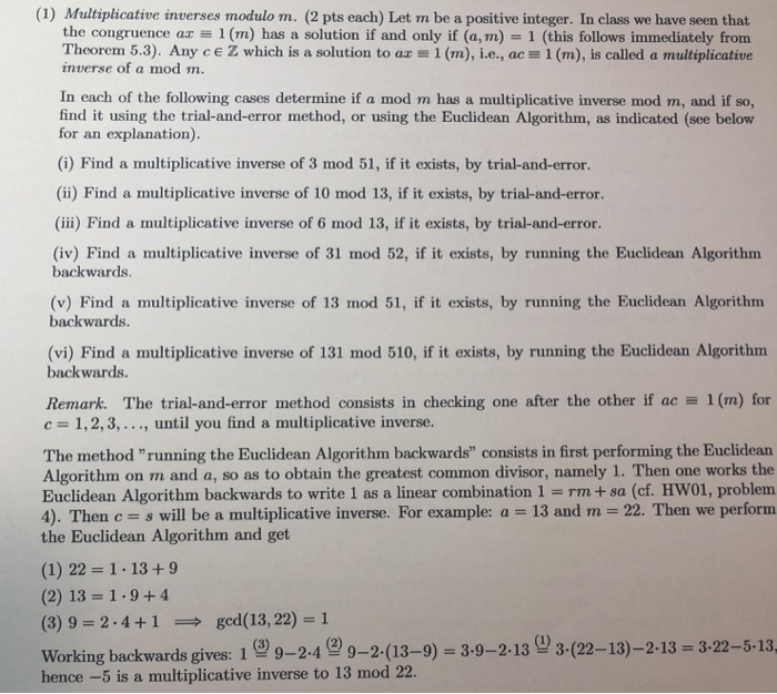 Solved 1 Multiplicative Inverses Modulo M 2 Pts Each 