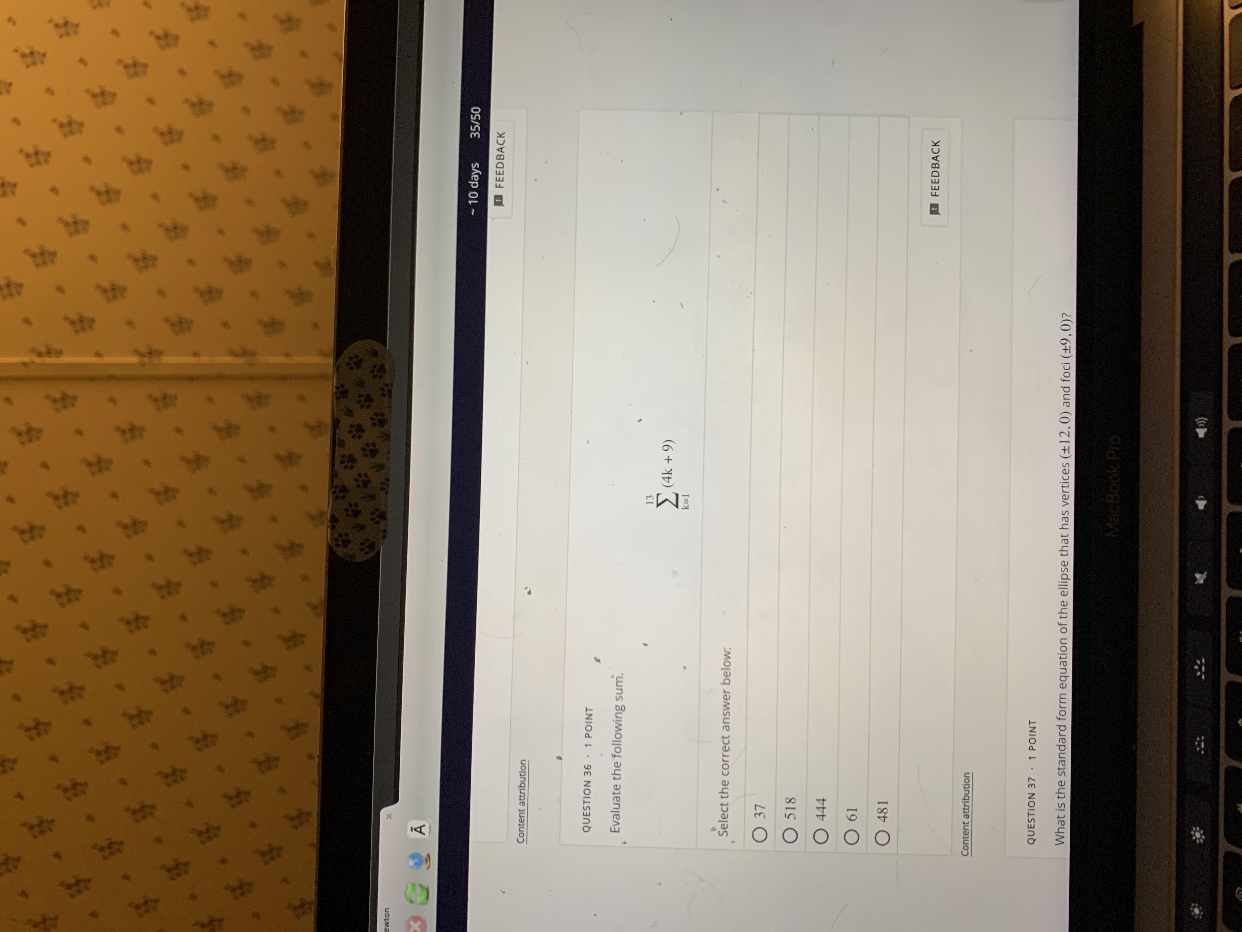 Solved QUESTION 36 - 1 ﻿POINTEvaluate the following | Chegg.com