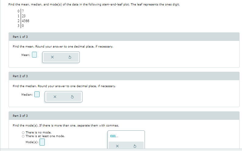 Solved Find the mean, median, and mode(s) of the data in the | Chegg.com