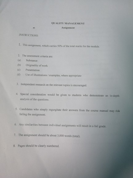 Solved QUALITY MANAGEMENT Assignment INSTRUCTIONS 1. This | Chegg.com
