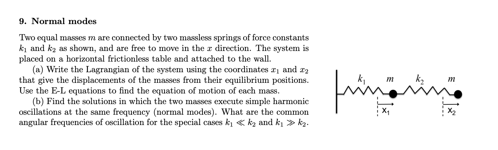 Solved 9. Normal modes Two equal masses m are connected by | Chegg.com