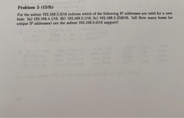 Solved Problem 5 (15%) For the subnet 192.168.5.0/16 | Chegg.com