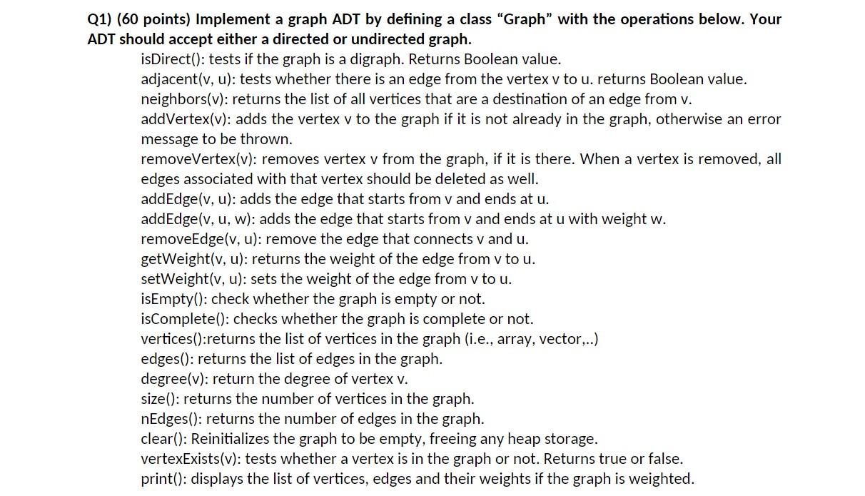 Solved Q1 60 Points Implement A Graph Adt By Defining A 