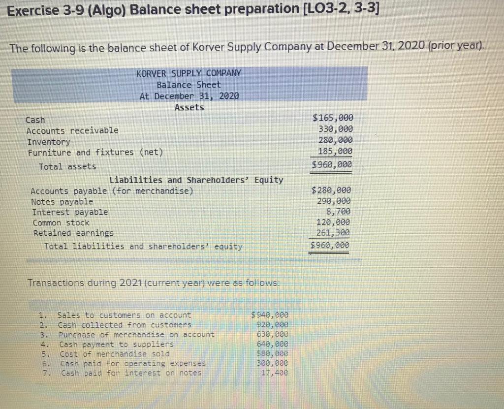 Solved Exercise 3 9 Algo Balance Sheet Preparation LO3 2 Chegg