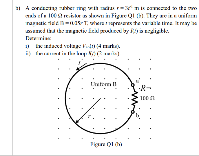 Solved A conducting rubber ring with radius r=3t−1 m is | Chegg.com