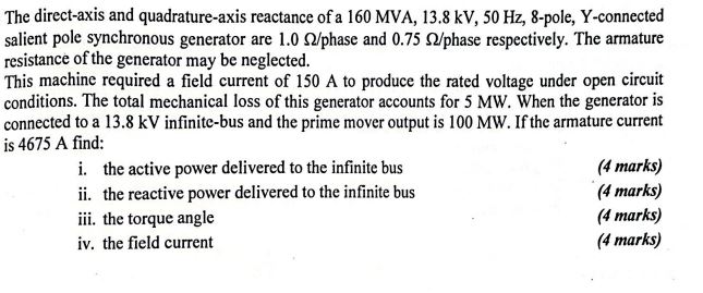 Solved The Direct Axis And Quadrature Axis Reactance Of A
