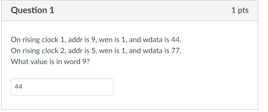 Solved On rising clock 1 , addr is 9 , wen is 1 , and wdata | Chegg.com