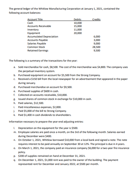 The general ledger of the Whitlow Manufacturing | Chegg.com