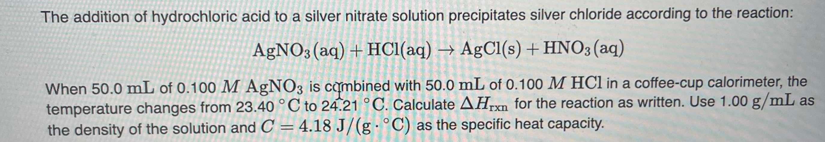 Solved AgNO3(aq)+HCl(aq)→AgCl(s)+HNO3(aq) When 50.0 mL of | Chegg.com