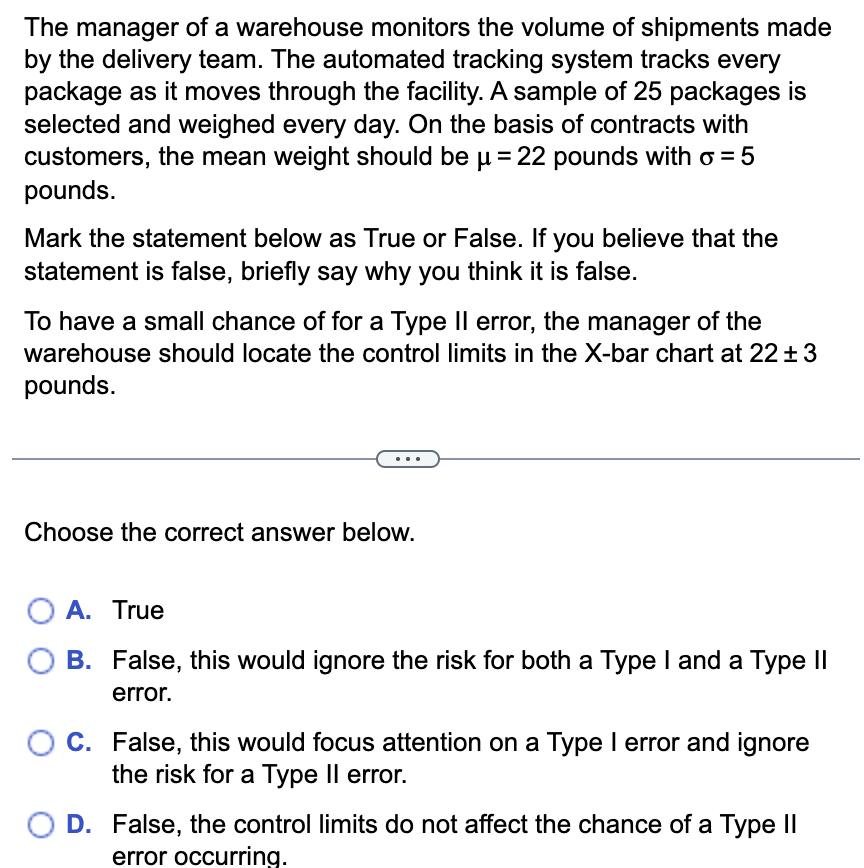 Solved The manager of a warehouse monitors the volume of | Chegg.com