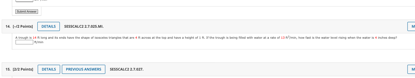 Solved 14. [-/2 Points] SESSCALC2 2.7.025.MI. ft/min 15. | Chegg.com