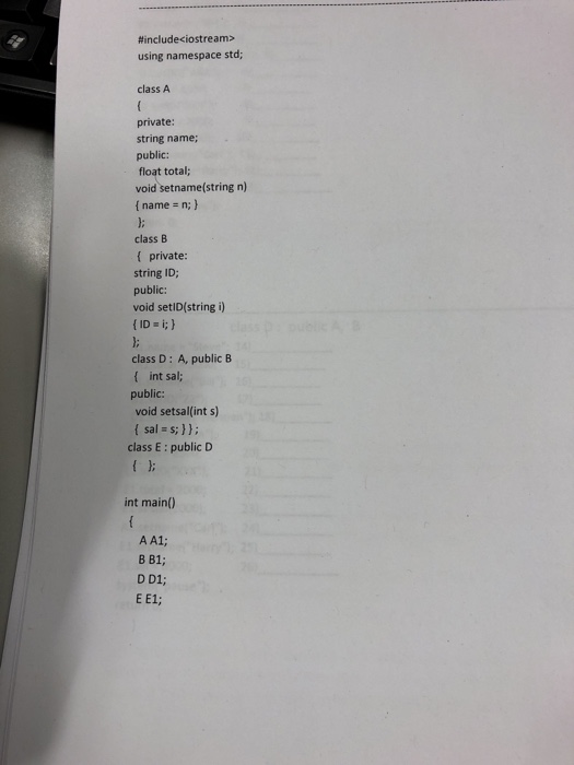 Solved #include using namespace std; class A private: string | Chegg.com