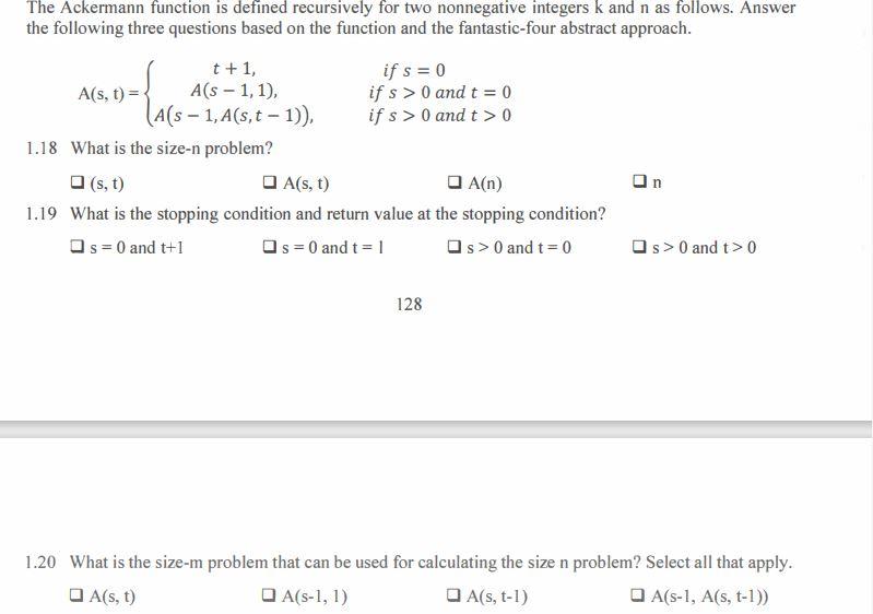 Solved The Ackermann function is defined recursively for two | Chegg.com