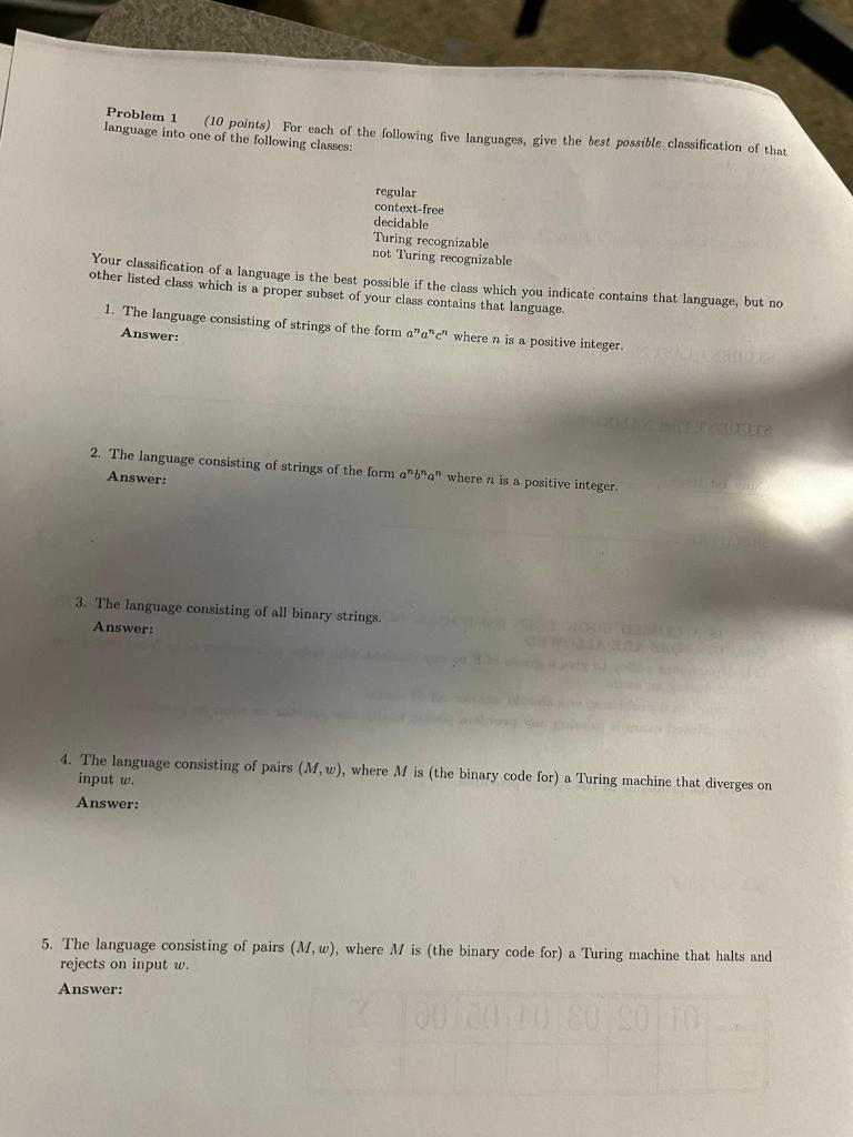 Solved Problem 1 ( 10 points) For each of the following five | Chegg.com
