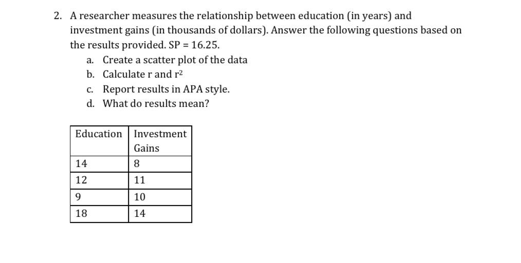 Solved 2. A researcher measures the relationship between | Chegg.com