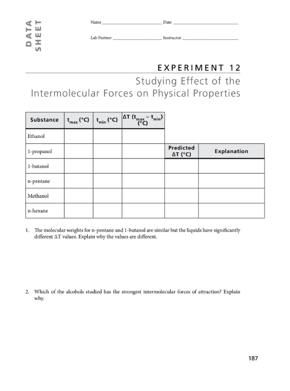 - 1 Name Date Lab Partner Instructor EXPERIMENT 12 | Chegg.com