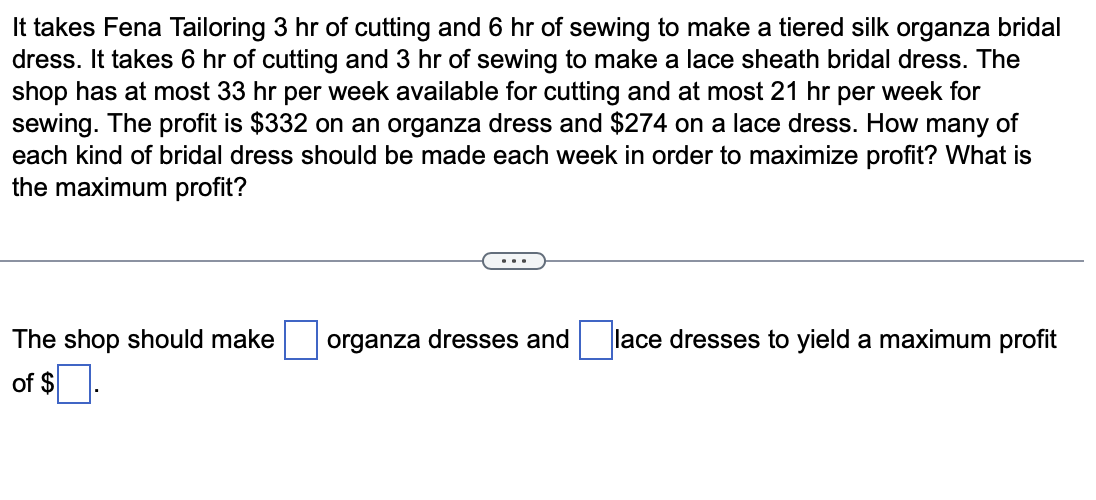 Solved It takes Fena Tailoring 3hr of cutting and 6hr of | Chegg.com