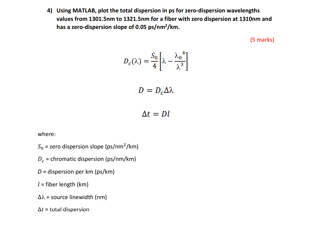 Solved 4) Using MATLAB, plot the total dispersion in ps for | Chegg.com