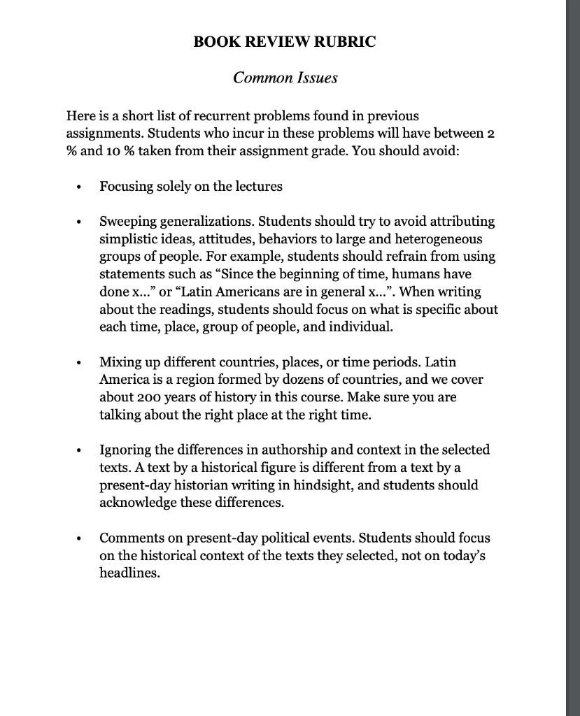 BOOK REVIEW RUBRIC Synthesis of the book 30% | Chegg.com