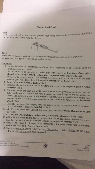 Solved The Inclined Plane Task to hold the with teams of 2 | Chegg.com