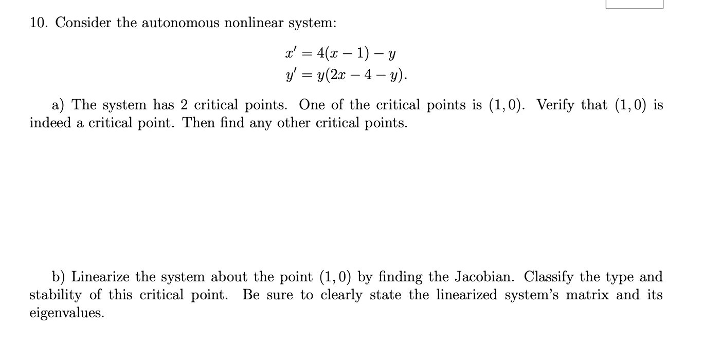 Solved 10. Consider the autonomous nonlinear system: | Chegg.com
