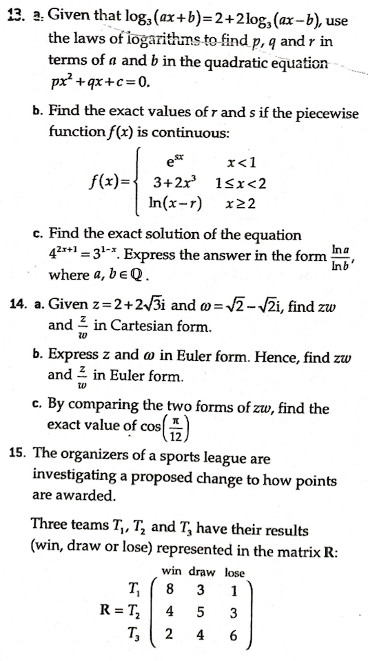 Solved 12. a: Given that log3(ax+b)=2+2log3(ax−b), use the | Chegg.com