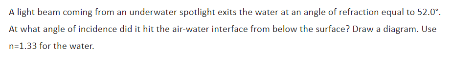 Solved A light beam coming from an underwater spotlight | Chegg.com