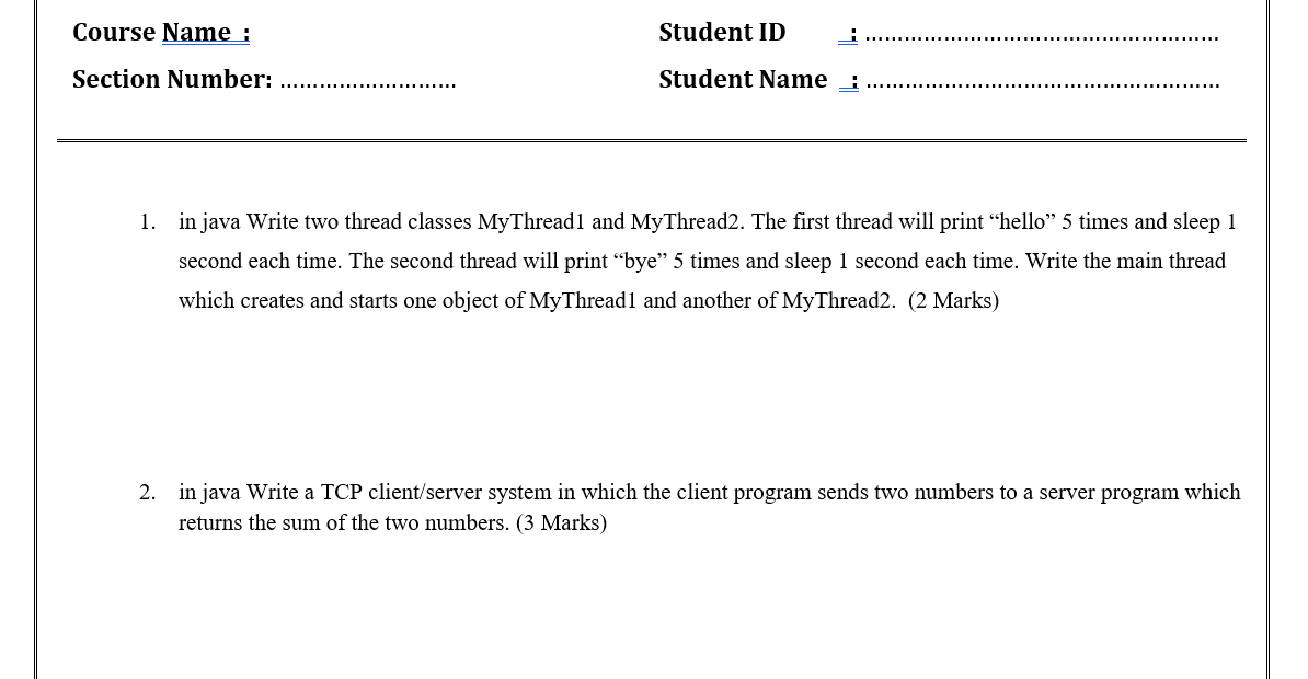 Solved Course Name : Student ID Section Number: Student Name | Chegg.com
