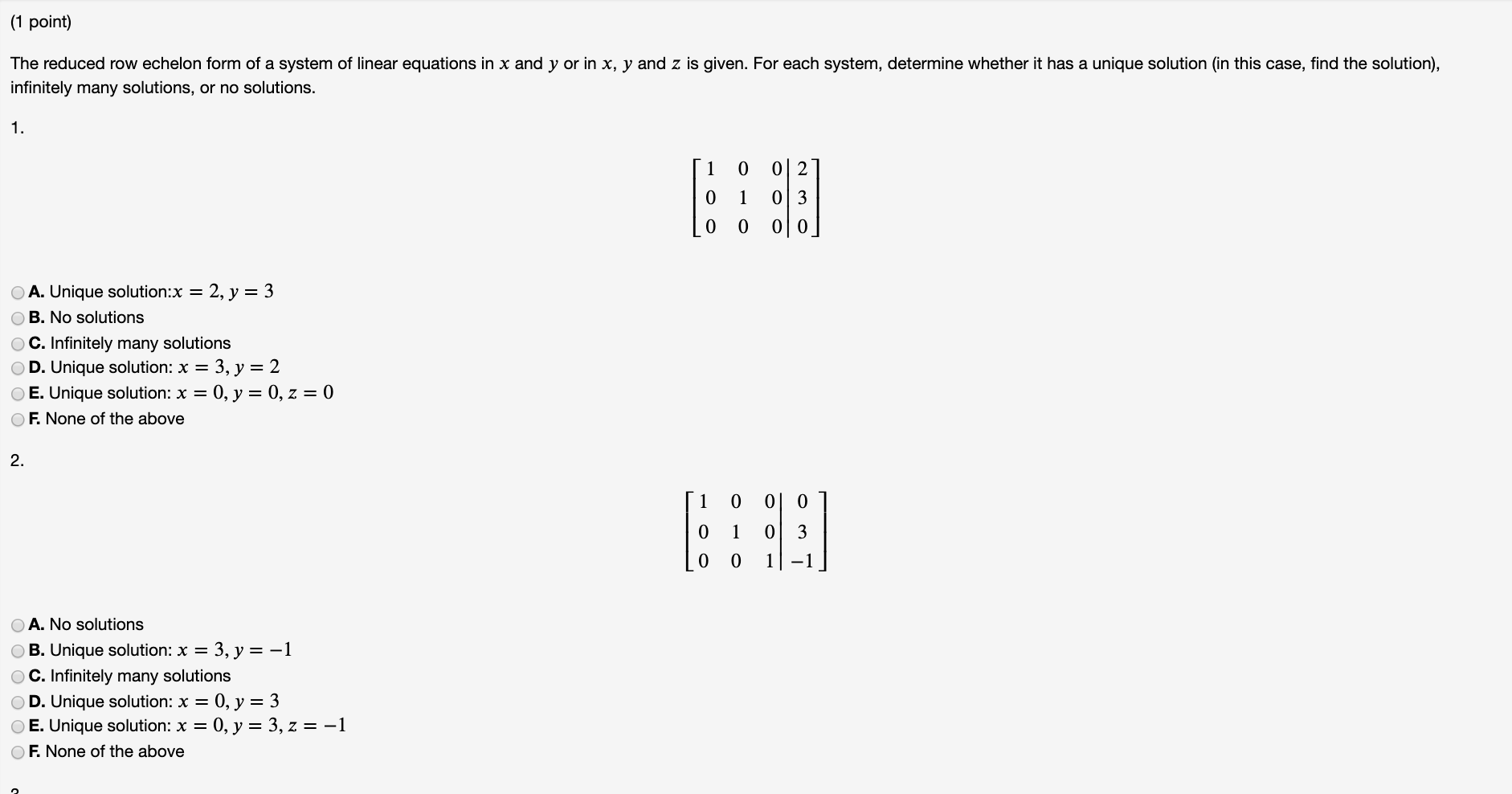 Solved (1 point) The reduced row echelon form of a system of | Chegg.com