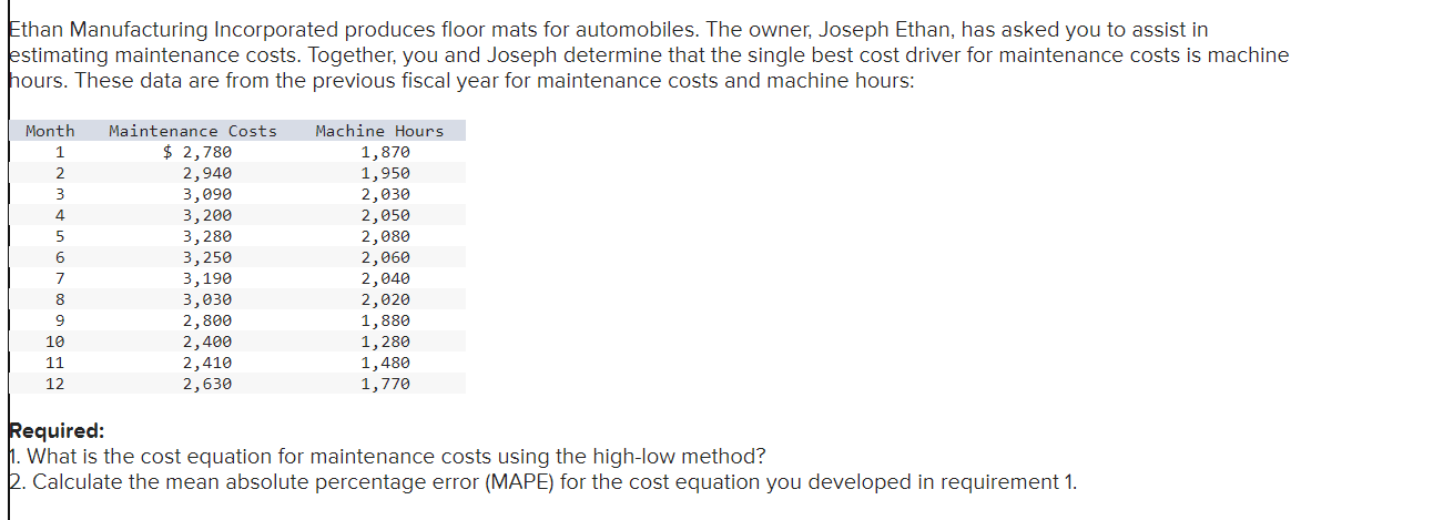 Solved What is the cost equation for maintenance costs using | Chegg.com