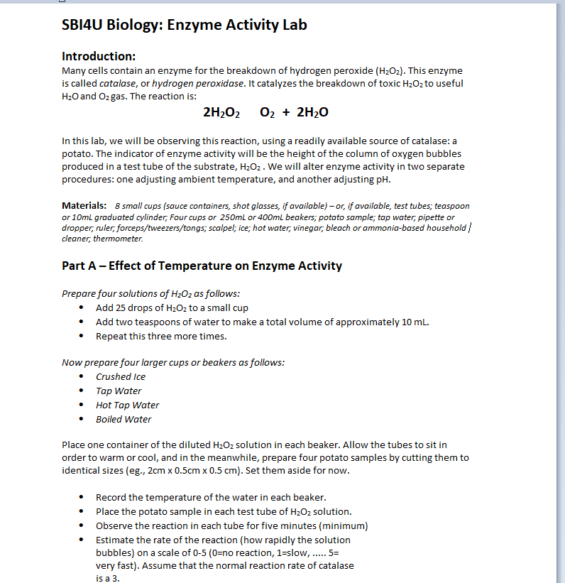 SBI4U Biology: Enzyme Activity Lab Introduction: Many | Chegg.com