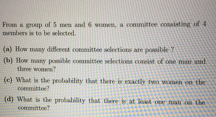 Solved From a group of 5 men and 6 women, a committee | Chegg.com