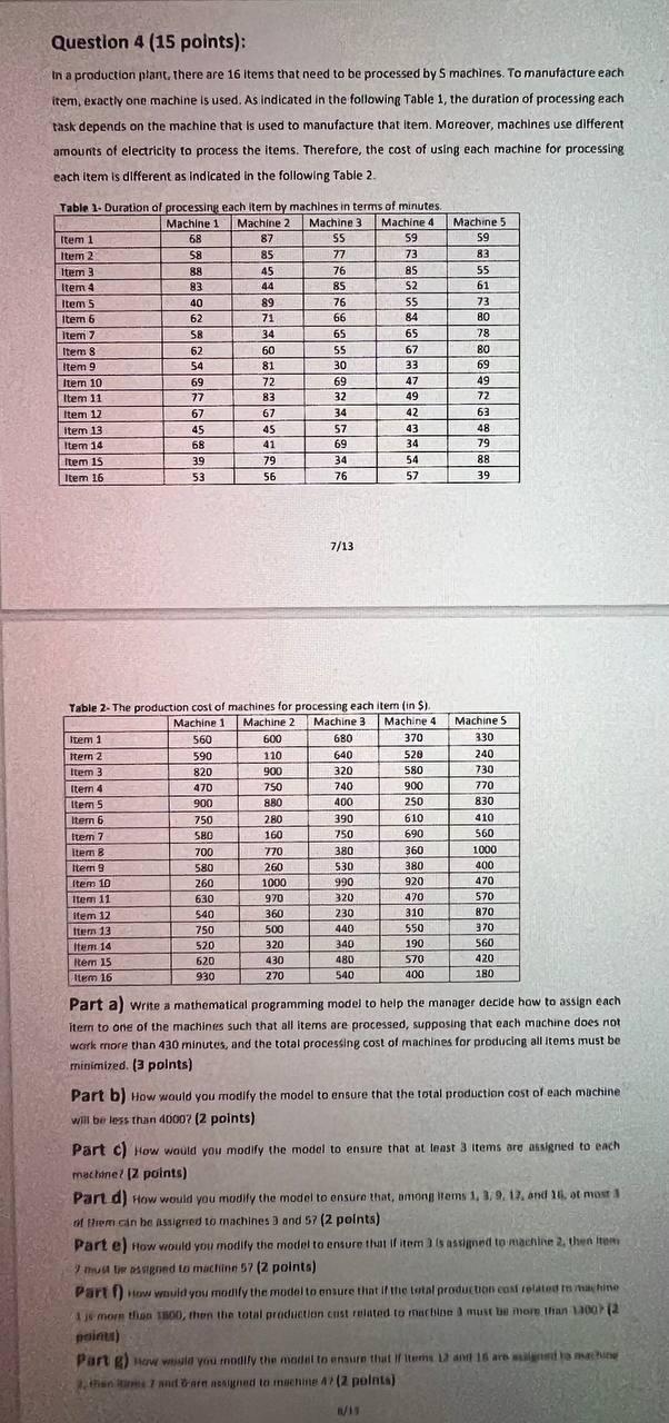 Question 4 (15 points): In a production plant, there | Chegg.com