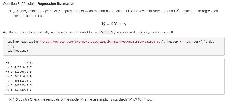 Question 3 ( 20 points) Regression Estimation a. (7 | Chegg.com
