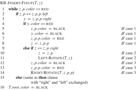 Solved RB-INSERT-FIXUP(T,z) 1 while z.p.color == RED 2 if | Chegg.com