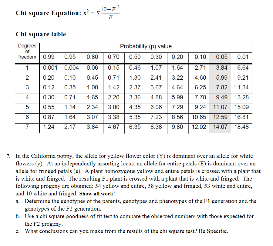 Solved Chi Square Equation X2 ∑e 0−e 2 Chi Square Table 7