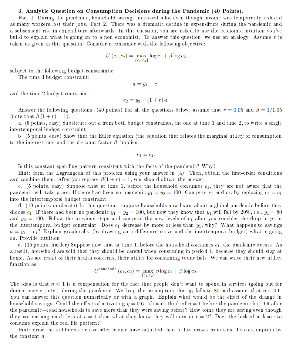 Solved Analytic Question on Consumption Decisions during the | Chegg.com