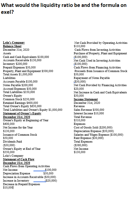 Solved What would the liquidity ratio be and the formula | Chegg.com