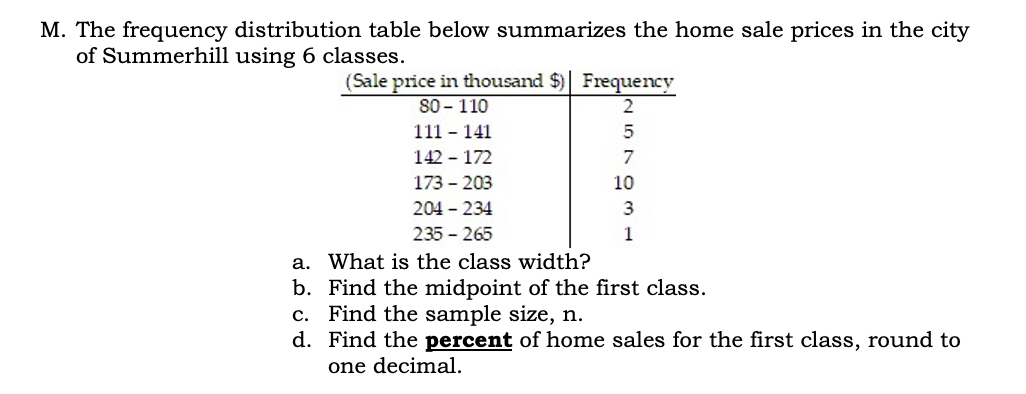 Solved M. ﻿The frequency distribution table below summarizes | Chegg.com
