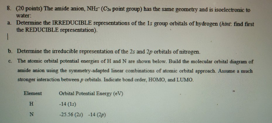 8. (20 points) The amide anion, NHZ (C2 point group) | Chegg.com