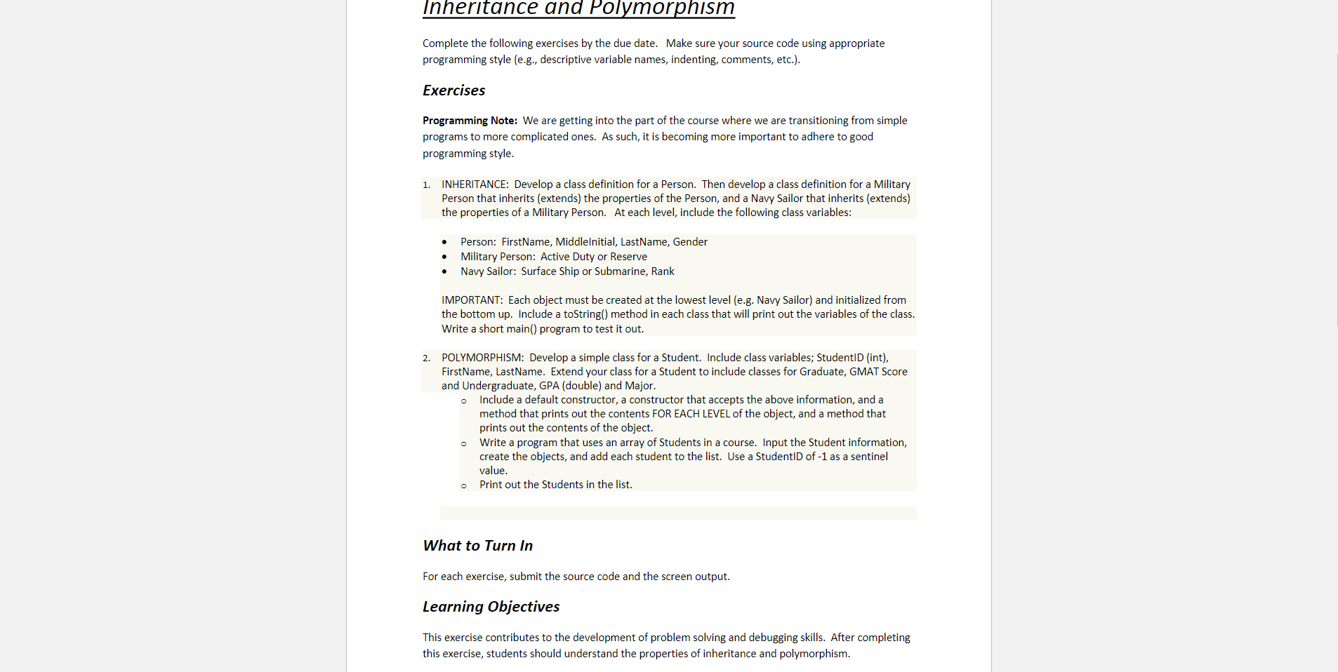 Solved Inheritance and Polymorphism Complete the following | Chegg.com