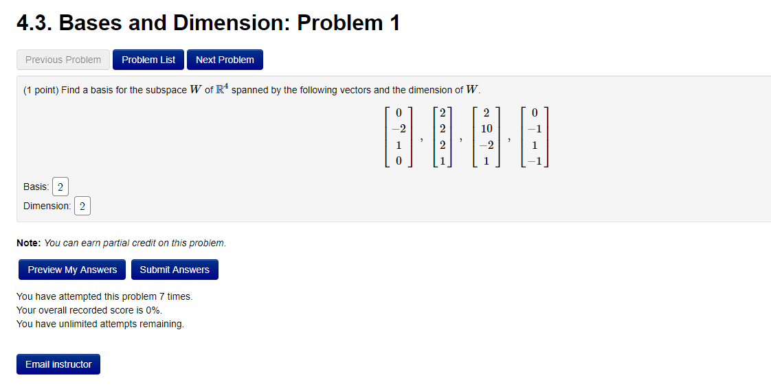 Solved 4.3. Bases and Dimension: Problem 1 Previous Problem | Chegg.com